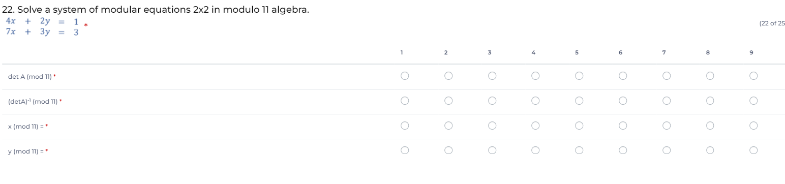 Solved 22. Solve a system of modular equations 2x2 in modulo | Chegg.com