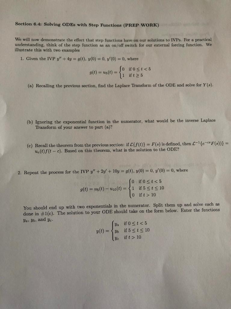 Solved Section 6.4: Solving ODEs with Step Functions (PREP | Chegg.com
