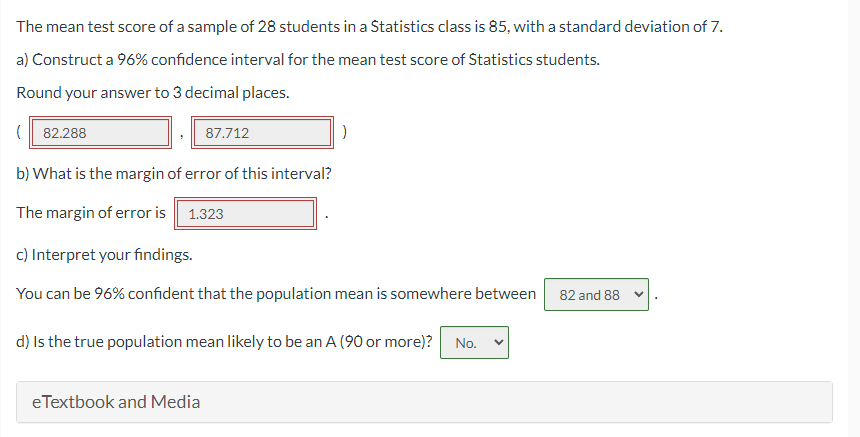 Solved The mean test score of a sample of 28 students in a | Chegg.com
