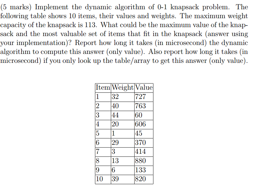 (Solved) : 5 Marks Implement Dynamic Algorithm 0 1 Knapsack Problem ... (Solved) : 5 Marks Implement Dynamic Algorithm 0 1 Knapsack Problem ...