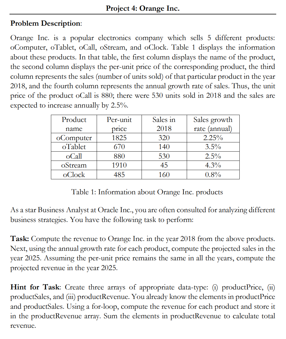 Solved Project 4: Orange Inc. Problem Description: Orange | Chegg.com