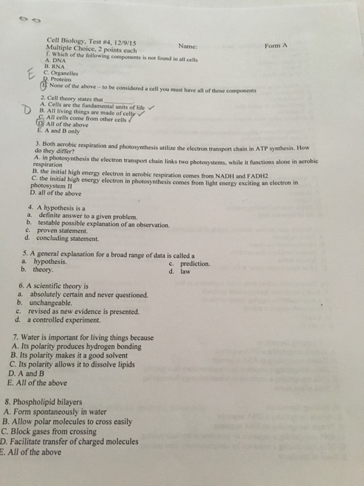 Solved Cell Biology. Test #4, 12/9/15 Form A Name: Multiple | Chegg.com