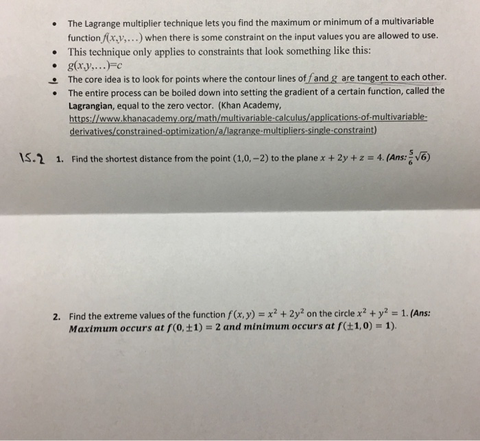 Solved The Lagrange multiplier technique lets you find the | Chegg.com