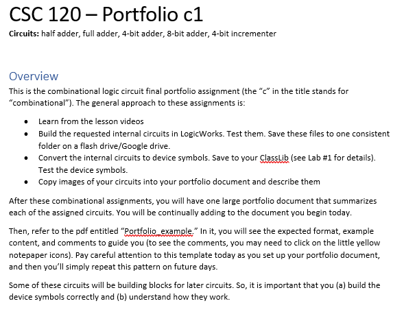 Solved CSC 120 - Portfolio c1 Circuits: half adder, full | Chegg.com