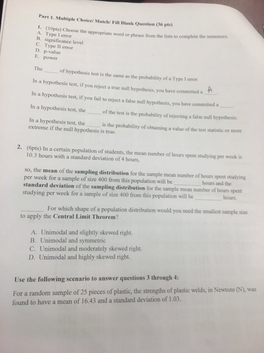 Solved Part 1. Multiple Choice/ Match/ Fill Blank Question | Chegg.com