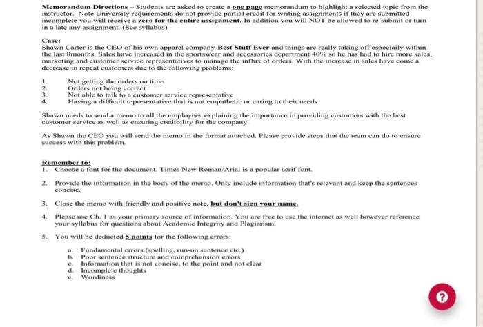 Solved Memorandum Directions Students are asked to create a | Chegg.com