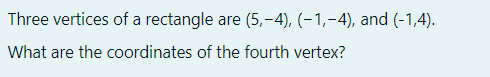 Solved Three vertices of a rectangle are (5,-4),(-1,-4), and | Chegg.com