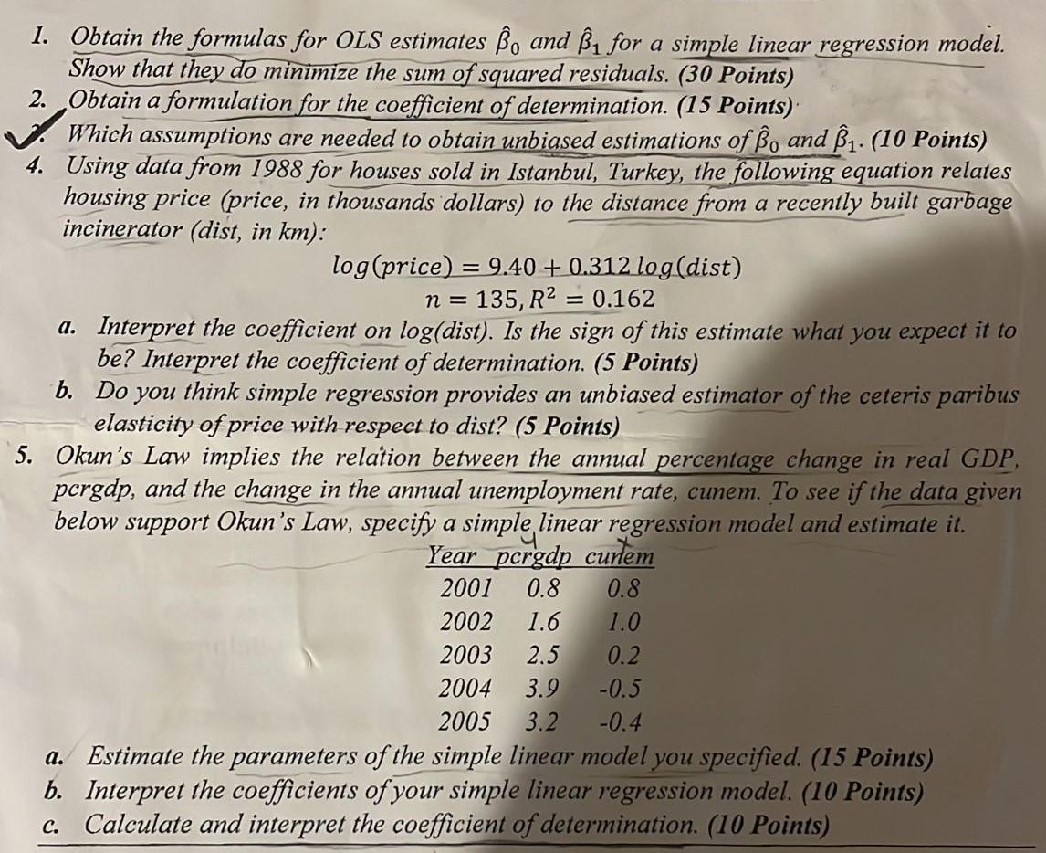 1. Obtain the formulas for OLS estimates β^0 and β^1 | Chegg.com