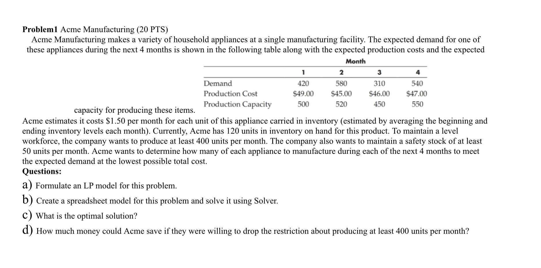 Solved Problem1 Acme Manufacturing (20 PTS) Acme | Chegg.com