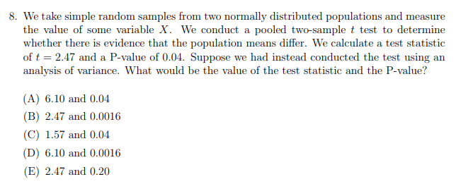 Solved 8. We take simple random samples from two normally | Chegg.com