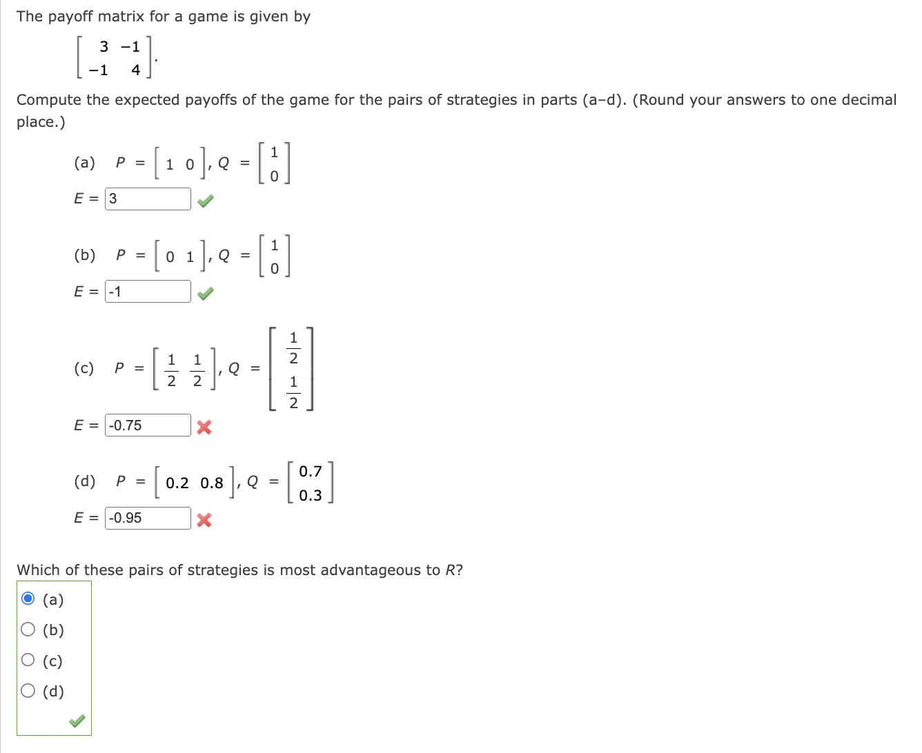 Solved The payoff matrix for a game is given | Chegg.com