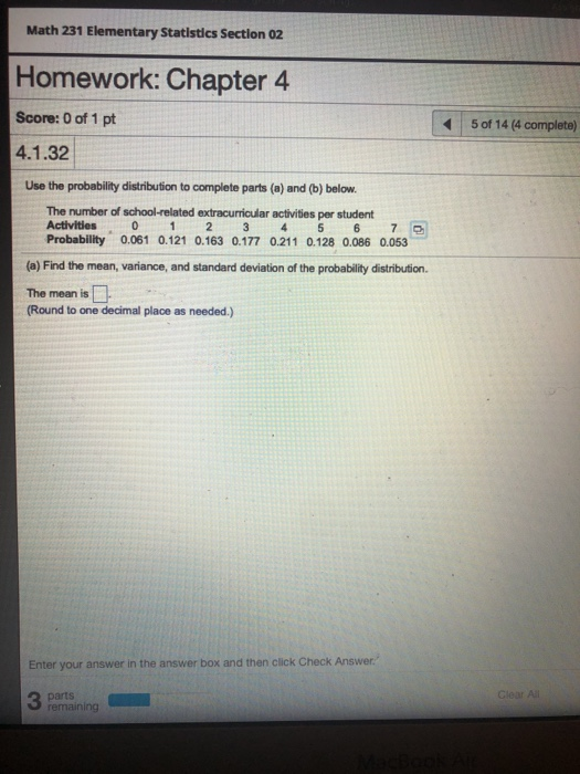 Solved Math 231 Elementary Statistics Section 02 Homework: | Chegg.com