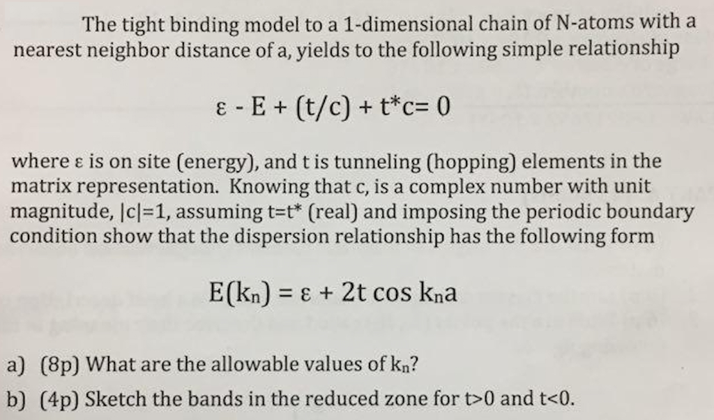 The tight binding model to a 1-dimensional chain of | Chegg.com