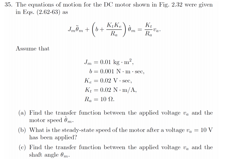 Solved 35. The equations of motion for the DC motor shown in | Chegg.com