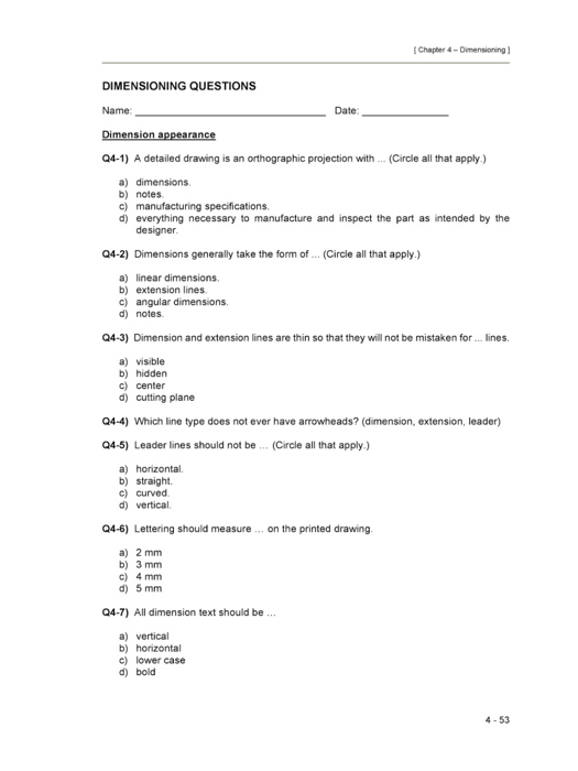 Solved Chapter 4-Dimensioning DIMENSIONING QUESTIONS Name: | Chegg.com