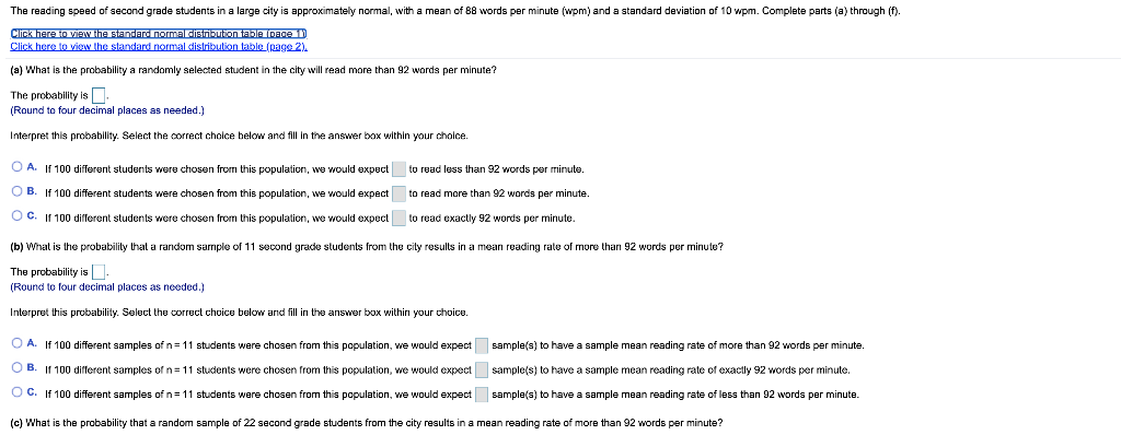 Solved The reading speed of second grade students in a large | Chegg.com