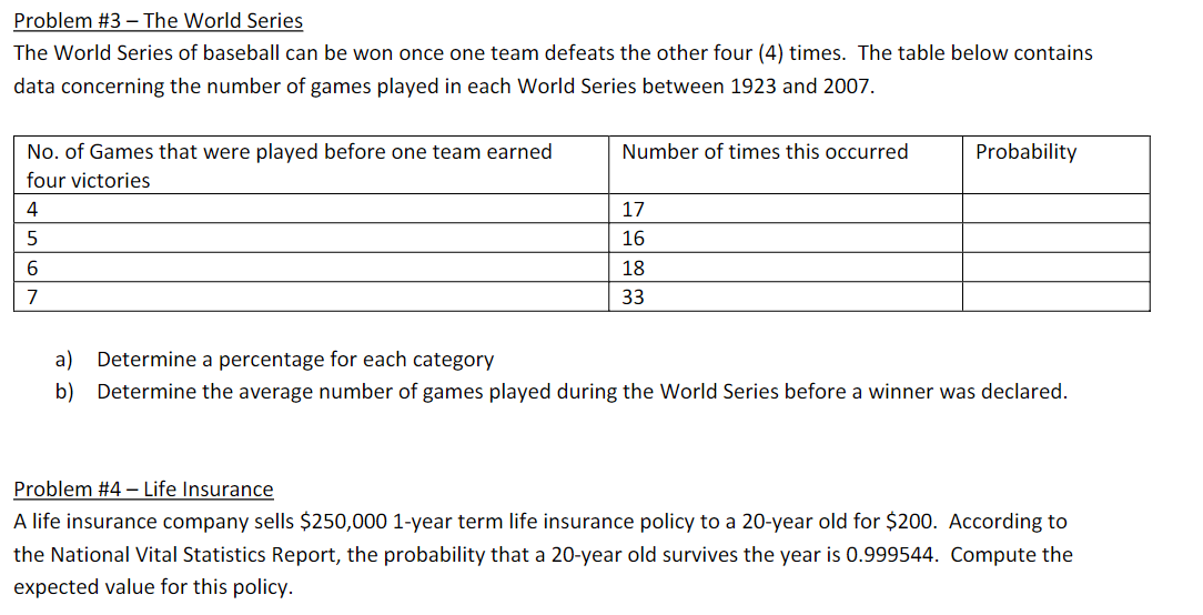 Solved Problem \#3 - The World Series The World Series of | Chegg.com