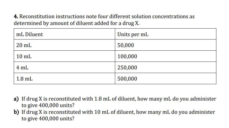 Solved 4. Reconstitution instructions note four different | Chegg.com