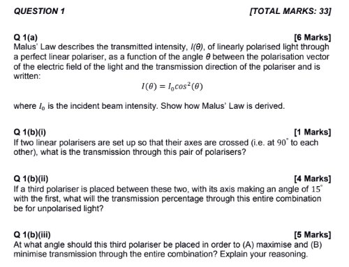 Solved QUESTION 1 [TOTAL MARKS: 33] (6 Marks) Q 1(a) Malus' | Chegg.com