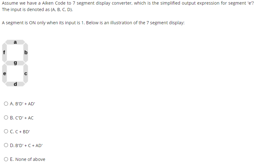 Solved Assume we have a Aiken Code to 7 segment display | Chegg.com
