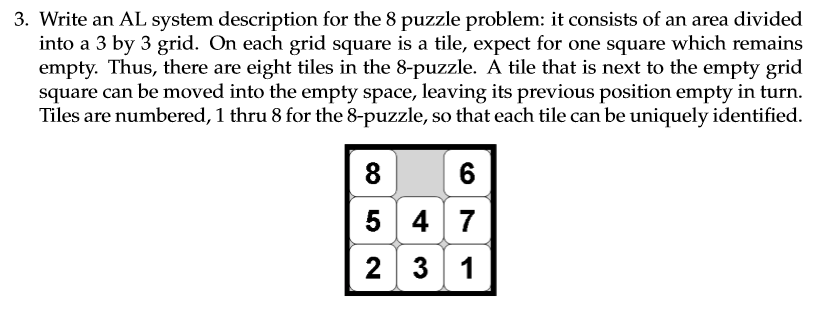 Solved 3. Write an AL system description for the 8 puzzle | Chegg.com