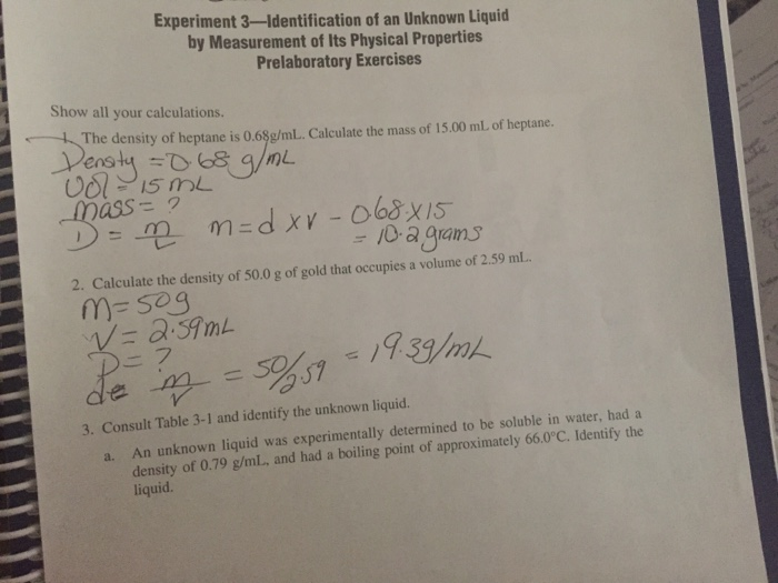 Solved Experiment 3-Identification of an Unknown Liquid by | Chegg.com