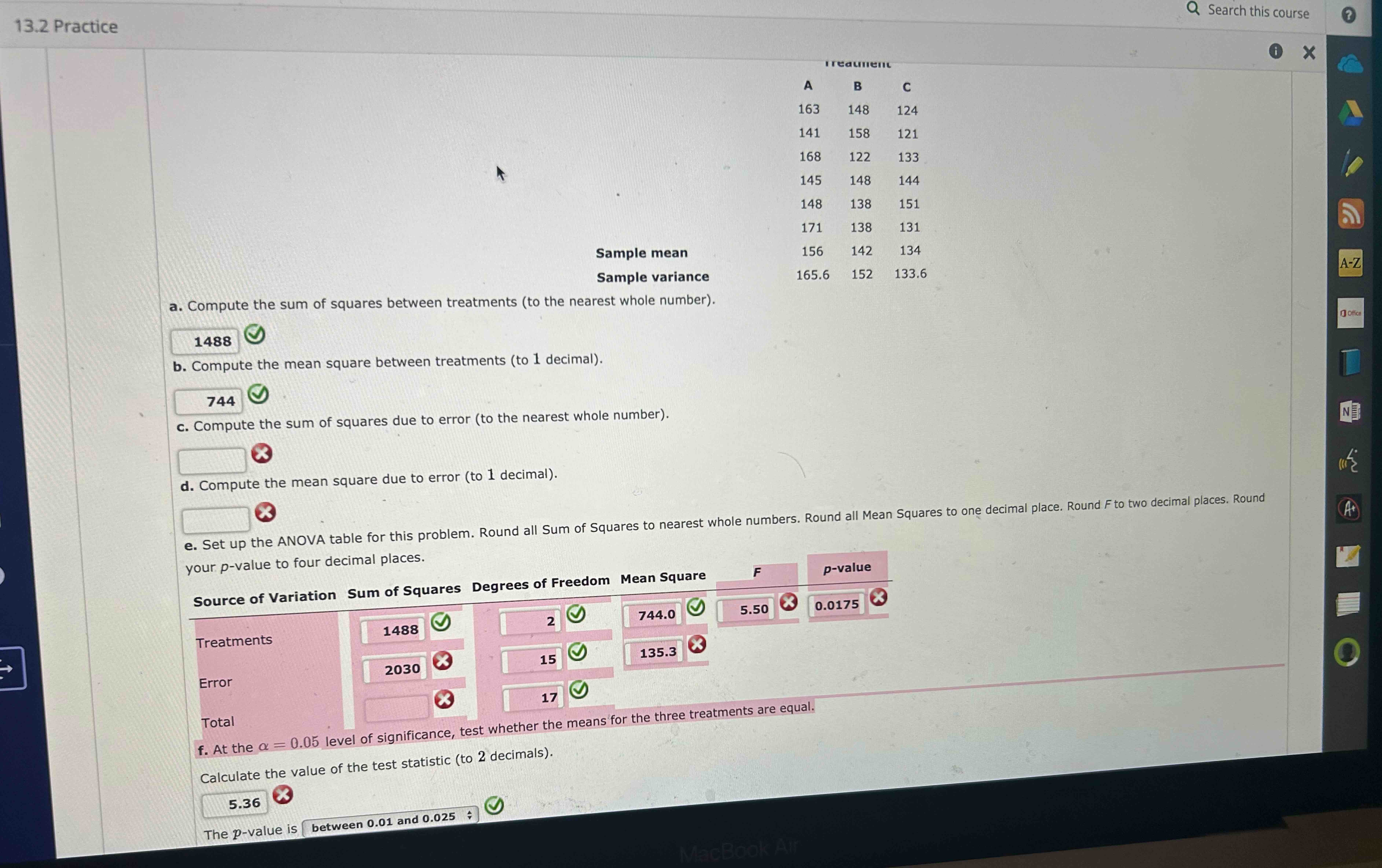 Solved c. ﻿Compute the sum of squares due to error (to the | Chegg.com