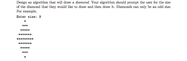 Solved Design an algorithm that will draw a diamond. Your | Chegg.com