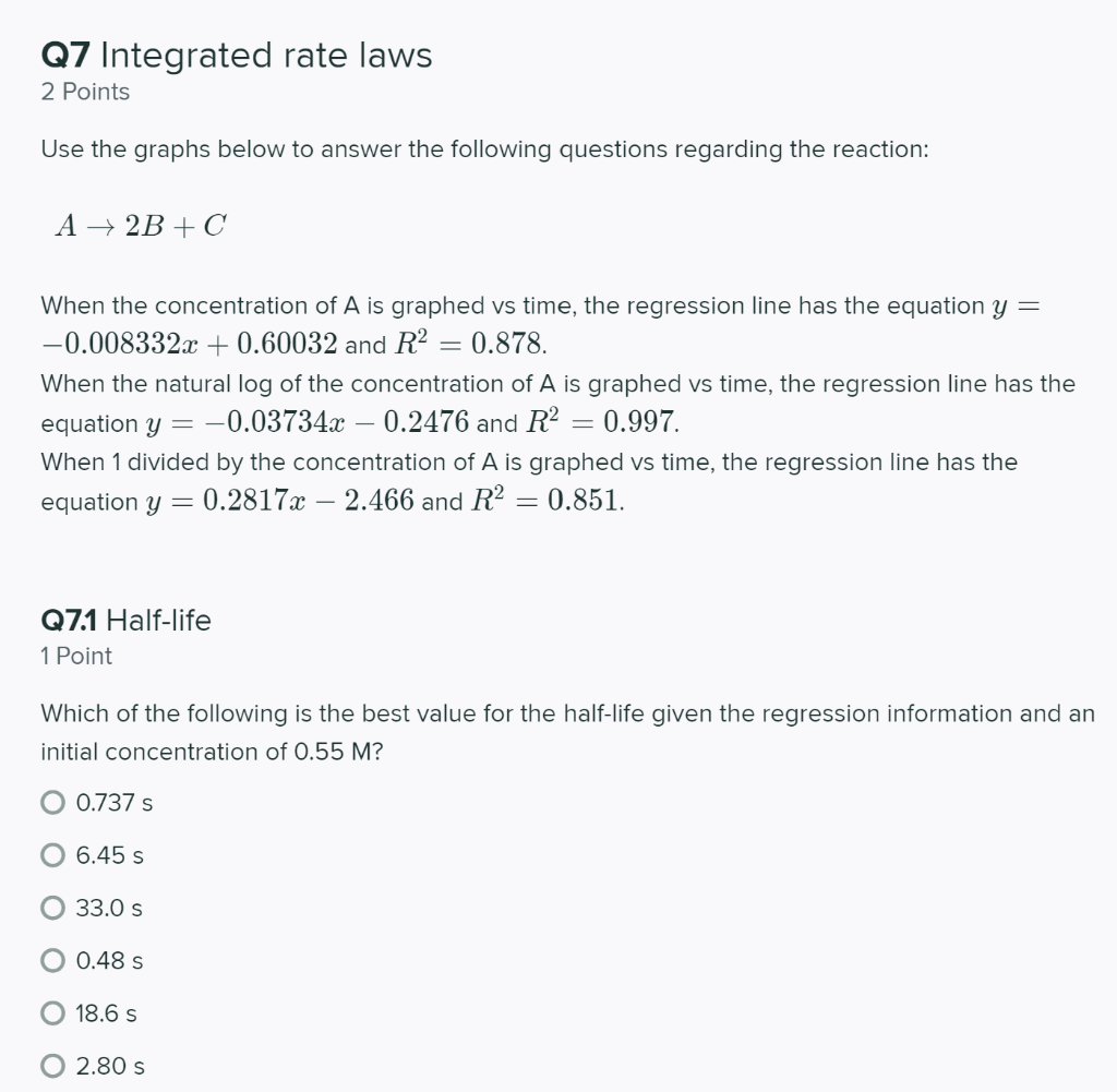 Solved Q7 Integrated rate laws 2 Points Use the graphs below | Chegg.com