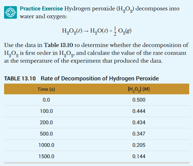 Solved Practice Exercise Hydrogen peroxide (H2O2) decomposes | Chegg.com