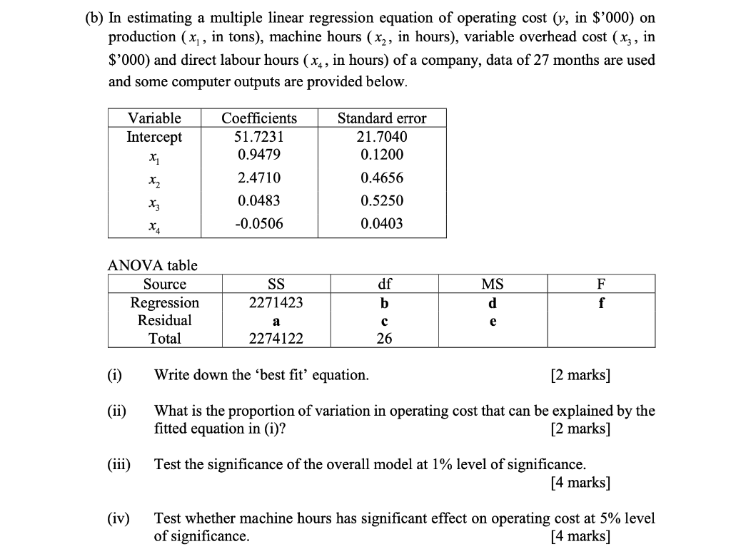 Solved (b) In estimating a multiple linear regression | Chegg.com