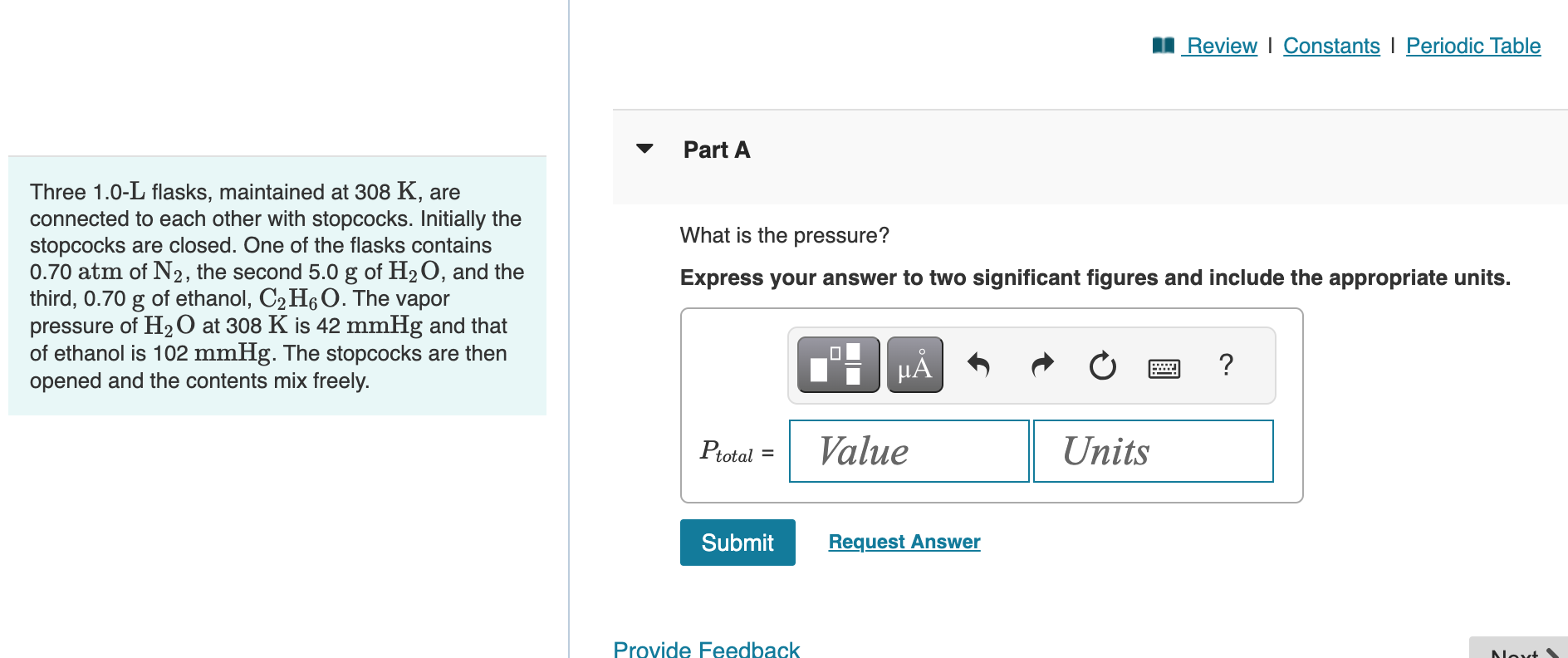 Solved Three 1.0-L flasks, maintained at 308 K, are | Chegg.com