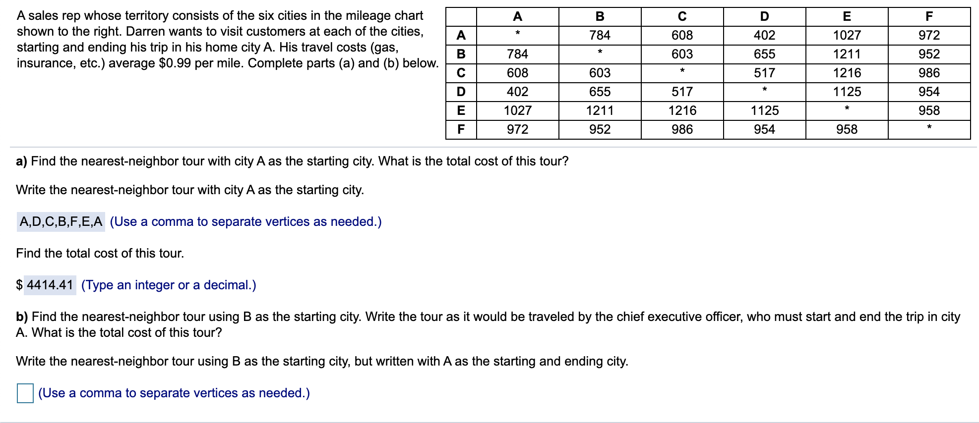 Solved Help on (b): b) Find the nearest-neighbor tour using | Chegg.com