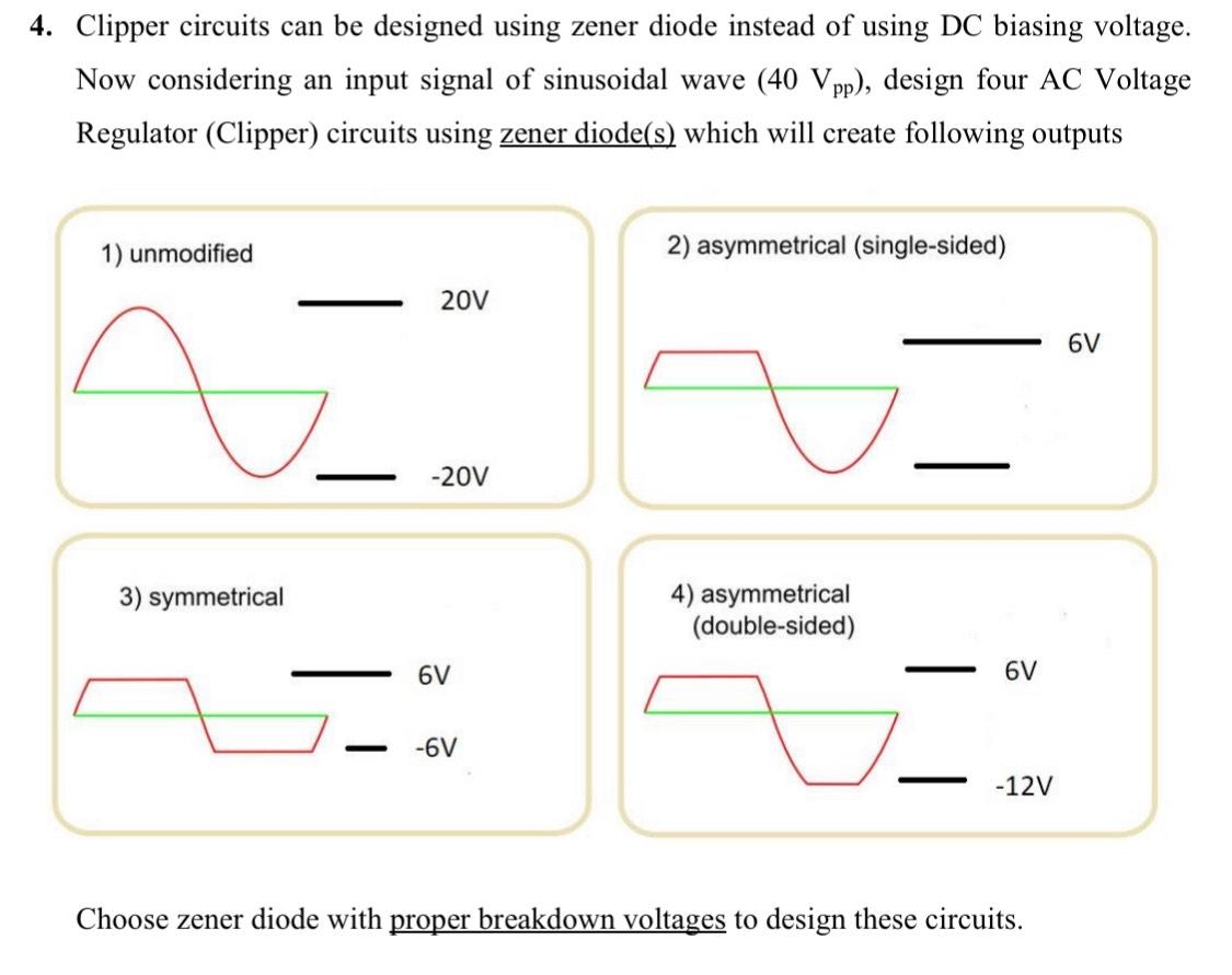 Solved 4. Clipper circuits can be designed using zener diode | Chegg.com