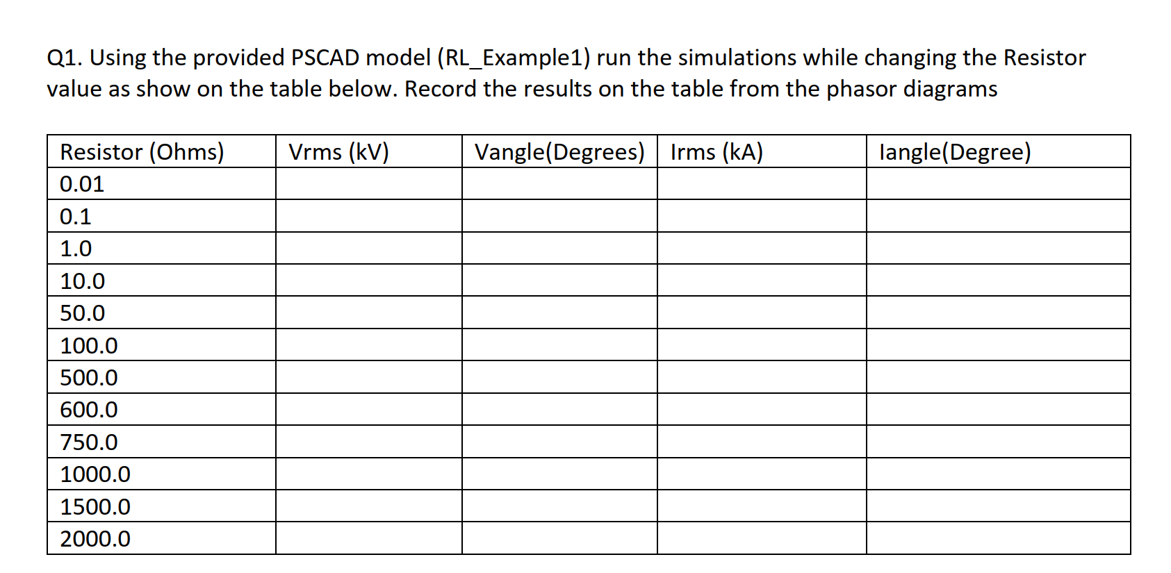 Q1. Using the provided PSCAD model (RL_Example1) run | Chegg.com