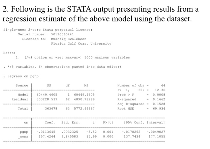 Solved 2. Following is the STATA output presenting results | Chegg.com