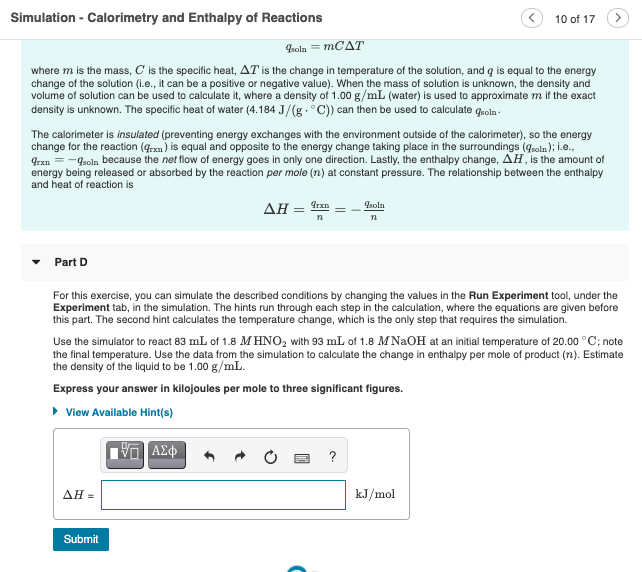Solved Simulation - Calorimetry and Enthalpy of Reactions 10 | Chegg.com