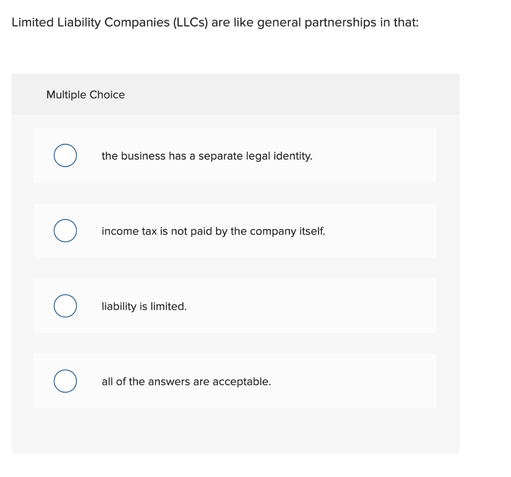 Solved Limited Liability Companies (LLCs) are like general | Chegg.com