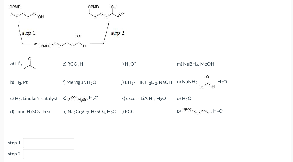 Solved OPMB OPMB OH OH step 1 step 2 FMBO H a) , e) RCO3H i) | Chegg.com