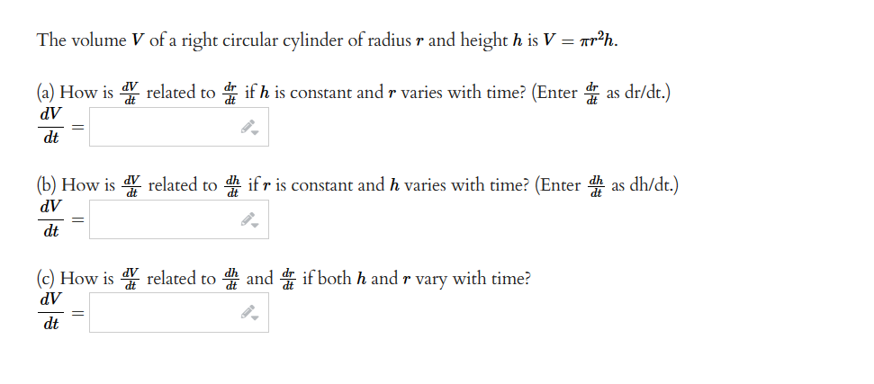Solved The volume V of a right circular cylinder of radius r | Chegg.com