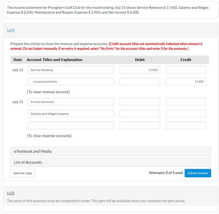 Solved The income statement for Pronghorn Golf Club for the | Chegg.com