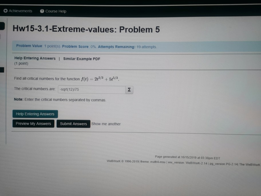 Solved Achievements Course Help Hw15-3.1-Extreme-values: | Chegg.com