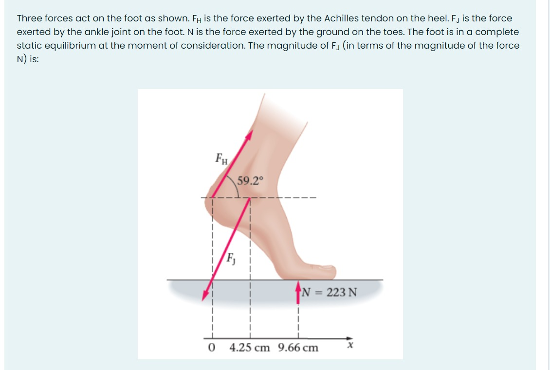 Solved Three forces act on the foot as shown. FH is the | Chegg.com