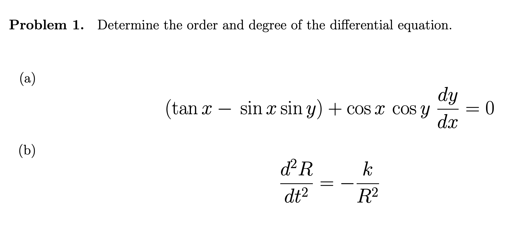 Solved Problem 1. Determine the order and degree of the | Chegg.com