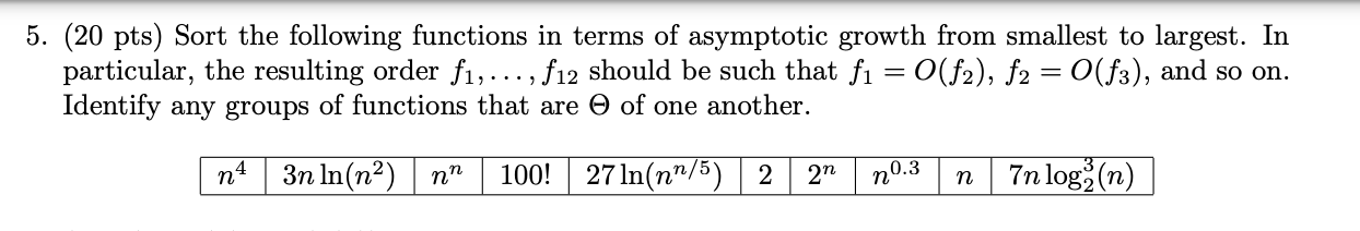 Solved 5. (20 pts) Sort the following functions in terms of | Chegg.com