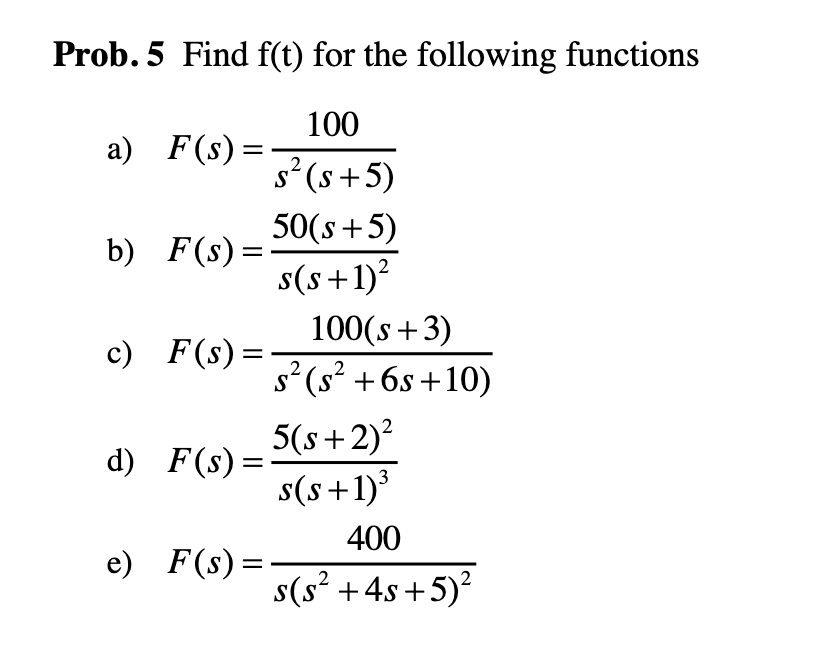 Solved Prob. 5 Find f(t) for the following functions a) | Chegg.com