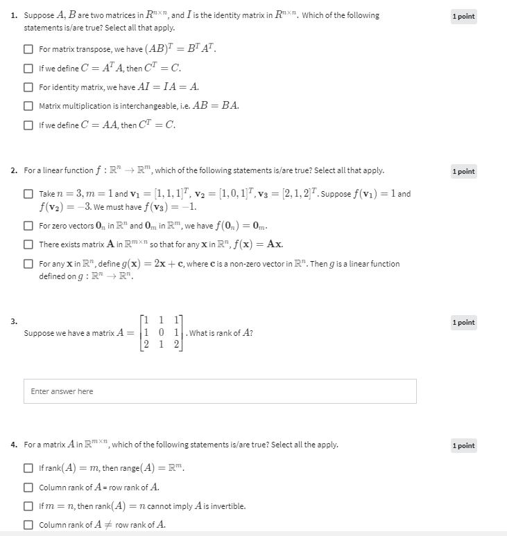 Solved 1 point 1. Suppose A, B are two matrices in Rnxn, and | Chegg.com