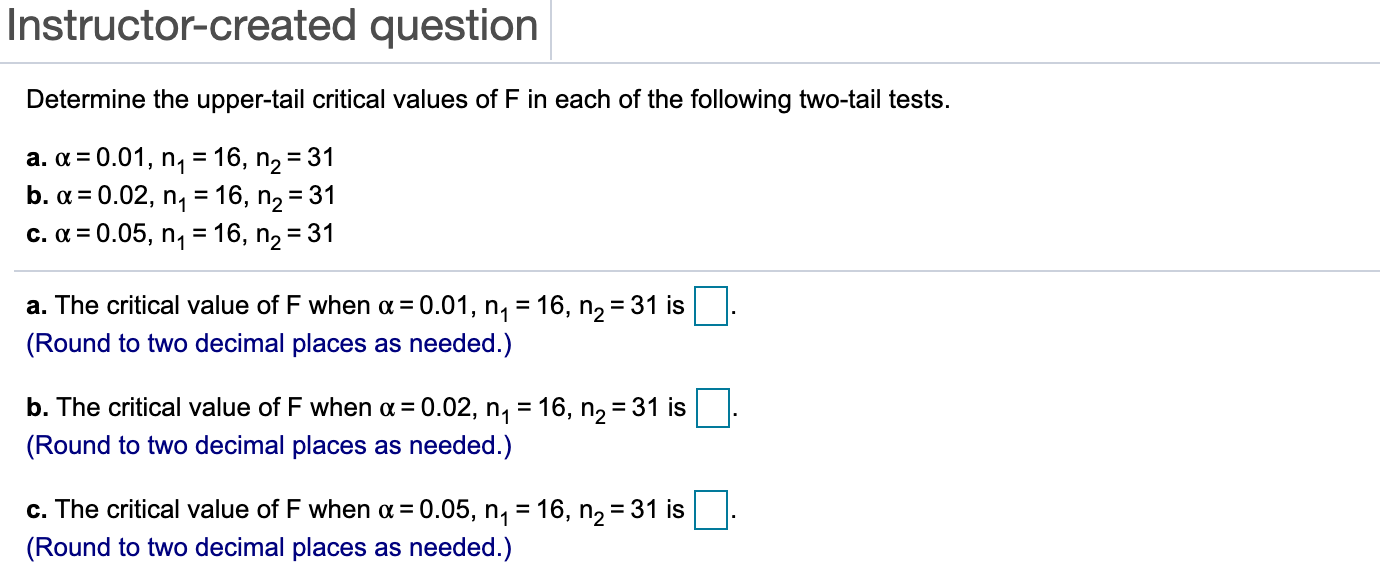 Solved Instructor-created question Determine the upper-tail | Chegg.com