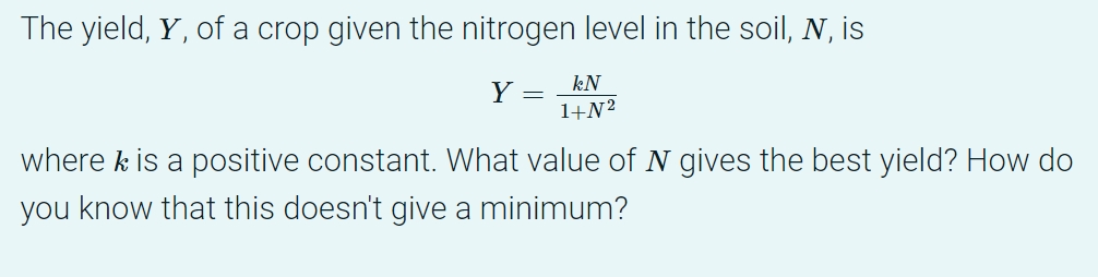 Solved The yield, Y, of a crop given the nitrogen level in | Chegg.com