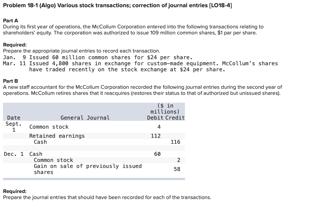 Solved Problem 18-1 (Algo) Various stock transactions; | Chegg.com
